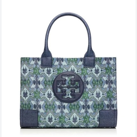 Tory Burch | Bags | Tory Burch Ella Denim Printed Patterns Blue And Green Large Women Tote ...